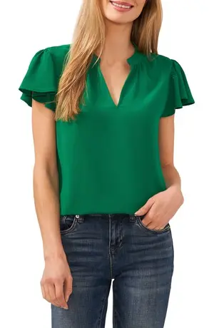 CECE DUPRAZ CeCe Flutter Sleeve V-Neck Top Green