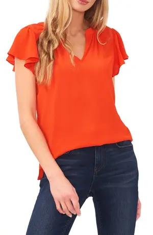 CECE DUPRAZ CeCe Flutter Sleeve V-Neck Top Poppy Red