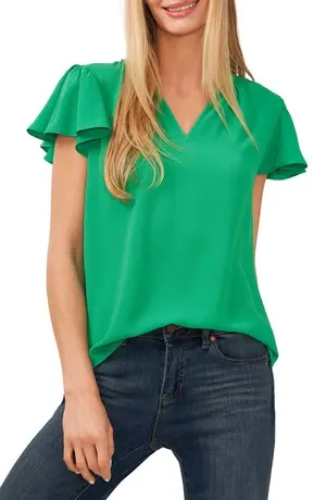 CECE DUPRAZ CeCe Flutter Sleeve V-Neck Top Vivid Green