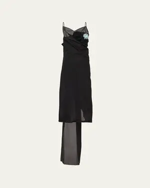 Prada Floral Appliqué Draped Crepe Dress - Nero