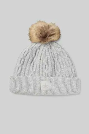 Alo Yoga Cable Knit Beanie With Faux Fur Pom Athletic Heather Grey