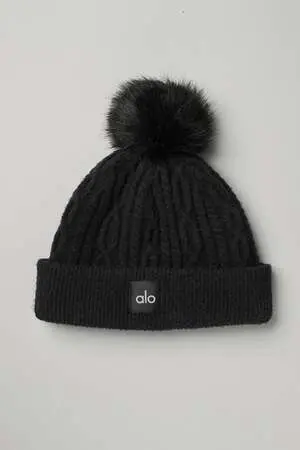 Alo Yoga Cable Knit Beanie With Faux Fur Pom - Black