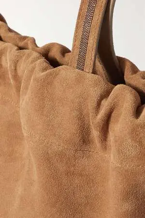 Brunello Cucinelli Leather-trimmed Bead-embellished Suede Tote