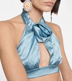 Alessandra Rich Ruched Satin Crop Top - Blue