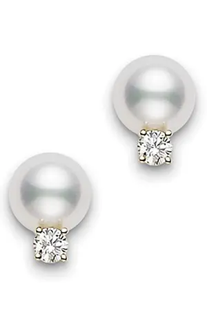 Mikimoto Akoya Pearl & Diamond Stud Earrings - Yellow Gold