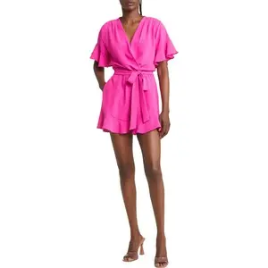 Fraiche By J Fraiche By J Surplice Flutter Sleeve Romper Pink