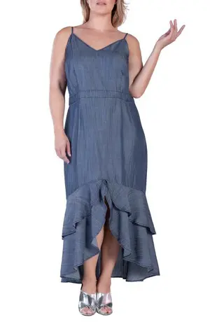 STANDARDS & PRACTICES Tiered Ruffle Chambray Maxi Dress