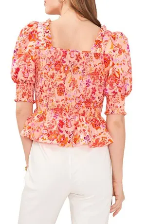 Chaus Smocked Puff Sleeve Blouse - Peach/pink/orange