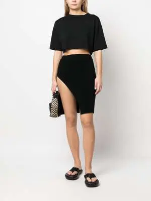 LANEUS Ribbed-knit Asymmetric Midi Skirt - Black