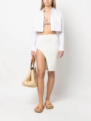 LANEUS Ribbed Knit Asymmetric Midi Skirt - White