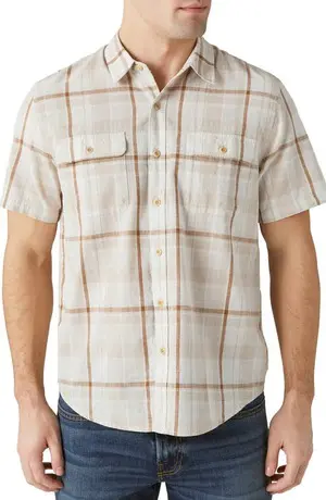 Lucky Brand Plaid Short Sleeve Cotton Button-up Shirt - Beige Multi
