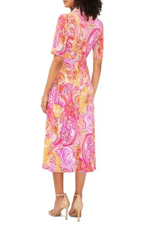 Chaus Printed Faux-wrap Midi Dress - White/fuchsia/mustard