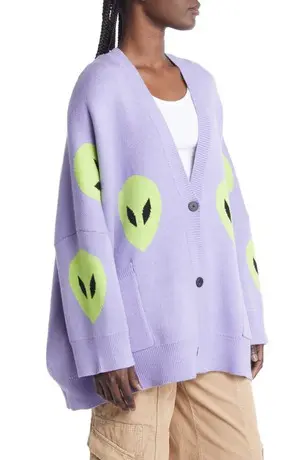 DRESSED IN LALA Boxy Oversized Printed Cardigan