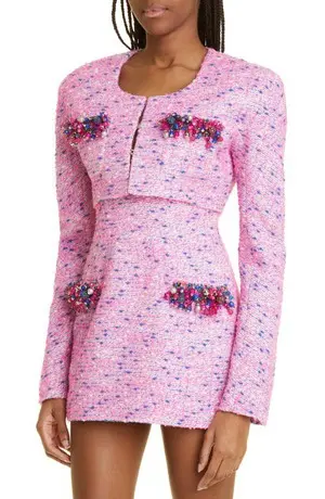 AREA Grape Embellished Cropped Bouclé Tweed Jacket