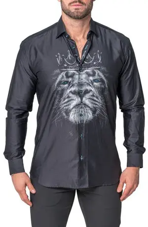 MACEOO Fibonacci Lion Crown Regular Fit Cotton Blend Button-up Shirt - Black