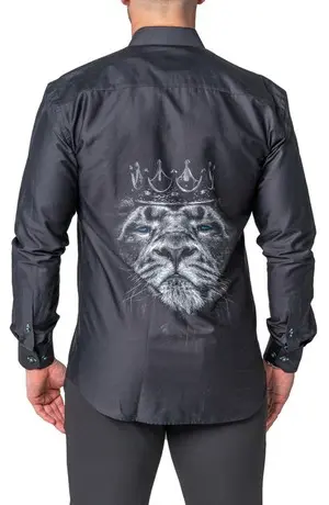 MACEOO Fibonacci Lion Crown Regular Fit Cotton Blend Button-up Shirt - Black