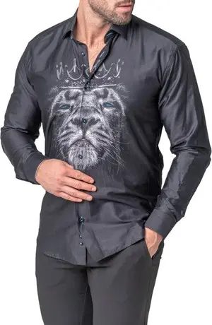 MACEOO Fibonacci Lion Crown Regular Fit Cotton Blend Button-up Shirt - Black