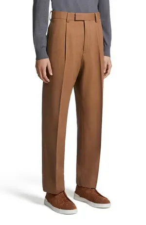 Zegna Pleated Cotton & Wool Trousers - Vicuna