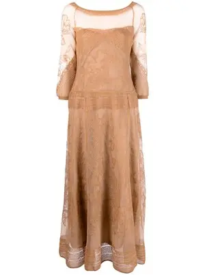 Alberta Ferretti Embroidered Mesh Dress - Brown