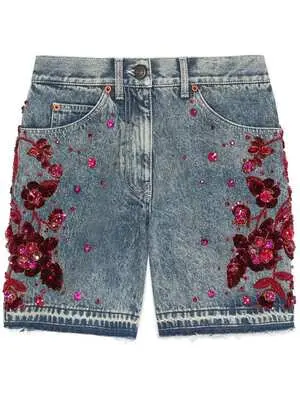 Gucci Floral Sequin-embellished Denim Shorts