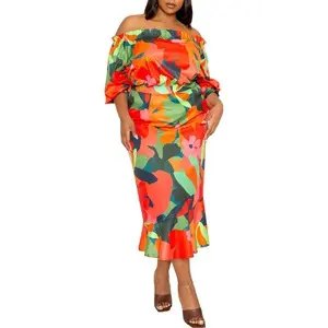 BUXOM COUTURE Floral Fit & Flare Off-the-shoulder Dress - Orange Multi