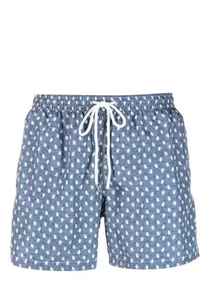 Fedeli Penguin-print Swim Shorts - Blue