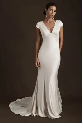 Jenny Yoo Jenny Briony Cap-sleeve Deep-v Beaded Floral Weddg Gown