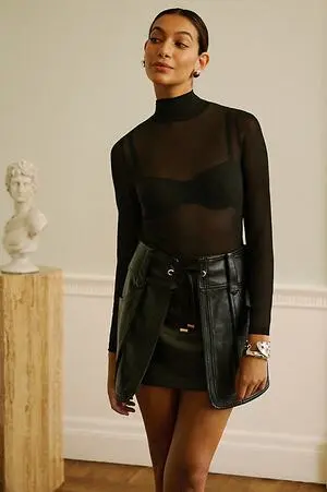 Anthropologie Mesh Turtleneck Top - Black Onyx