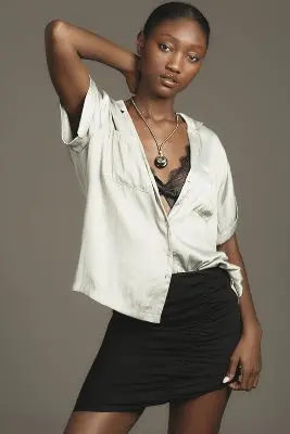 Anthropologie By Anthropologie Brenna Short-Sleeve Buttondown Shirt Beige