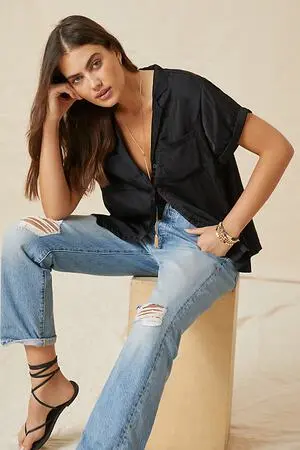 Anthropologie By Anthropologie Brenna Short-Sleeve Buttondown Shirt Black
