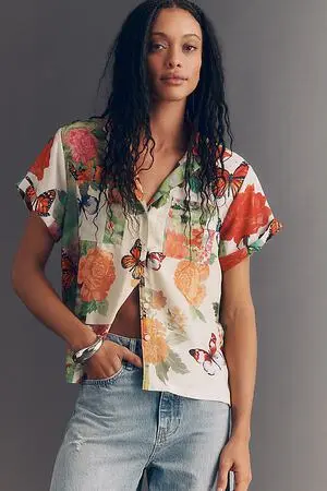 Anthropologie By Anthropologie Brenna Short-Sleeve Buttondown Shirt Green Pattern