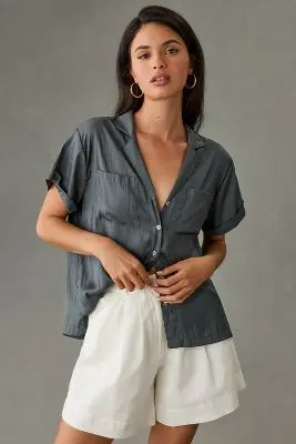 Anthropologie By Anthropologie Brenna Short-Sleeve Buttondown Shirt Silver