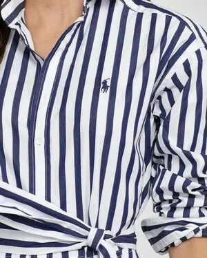 Polo Ralph Lauren Belted Striped Cotton Shirt Dress - Navywhite