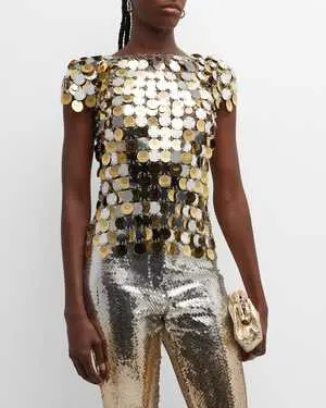Rabanne Mutli-color Sequin Cap-sleeve Top - Silver Gold