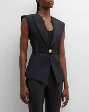 Balmain Sleeveless Belted Grain De Poudre Jacket - Black