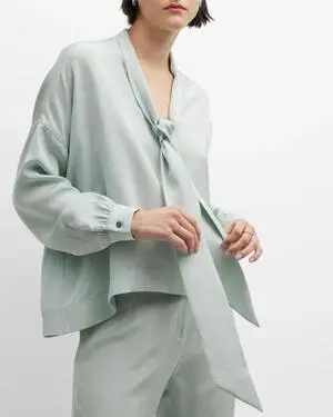 Libertine Neck-tie Boxy Silk Blouse - Green