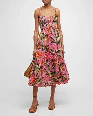 strapless open back dress Pink Leopard Forest Midi Dress – FARM Rio