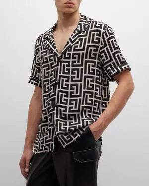 Balmain Macro Monogram Pajama Shirt - Ivory/black