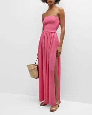 Ramy Brook Calista Smocked Strapless Side-split Coverup Dress Deep Rose