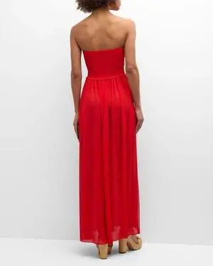 Ramy Brook Calista Smocked Strapless Side-split Coverup Dress - Flame