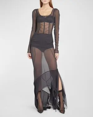 Dolce & Gabbana Long-Sleeve Sheer Corset Maxi Dress In Dk Grey - 40% Off |  Editorialist