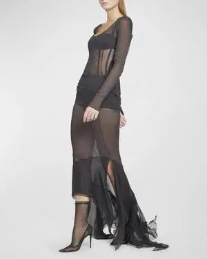 Dolce & Gabbana Long-sleeve Sheer Corset Maxi Dress - Dk Grey