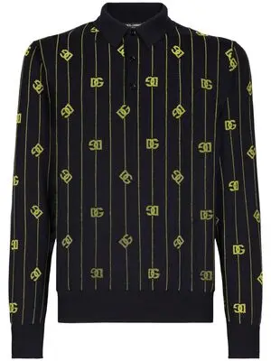 Dolce & Gabbana Logo-jacquard Long-sleeve Polo Shirt - Black