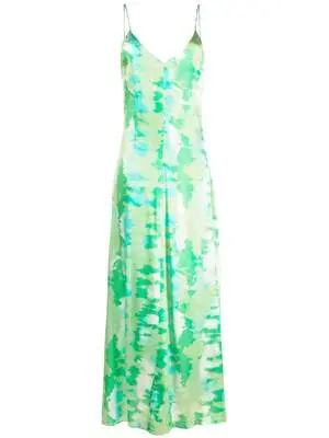 GANNI Watercolour-print Slip Dress - Green