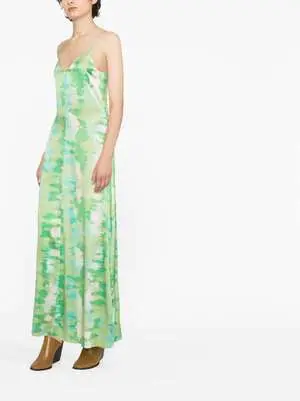 GANNI Watercolour-print Slip Dress - Green