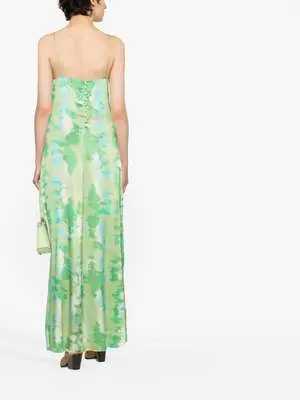 GANNI Watercolour-print Slip Dress - Green