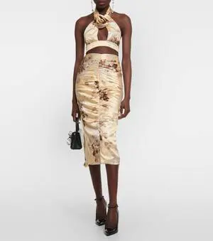 Alessandra Rich Floral Silk Satin Crop Top - Neutrals