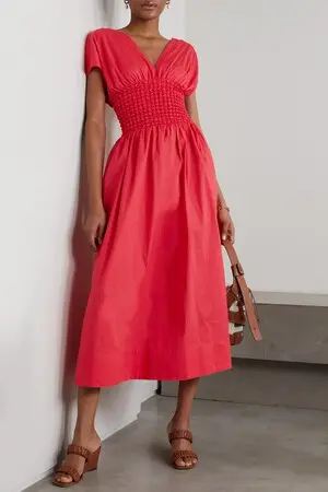 Staud Jackson Shirred Cotton-blend Poplin Midi Dress