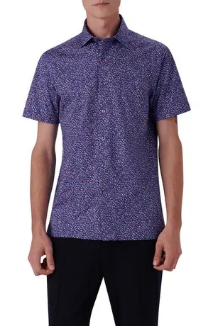 Bugatchi Ooohcotton® Floral Short Sleeve Button-up Shirt - Navy