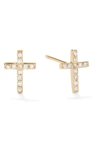 Lana Jewelry 14k Gold Mini Cross Diamond Stud Earrings - Yellow